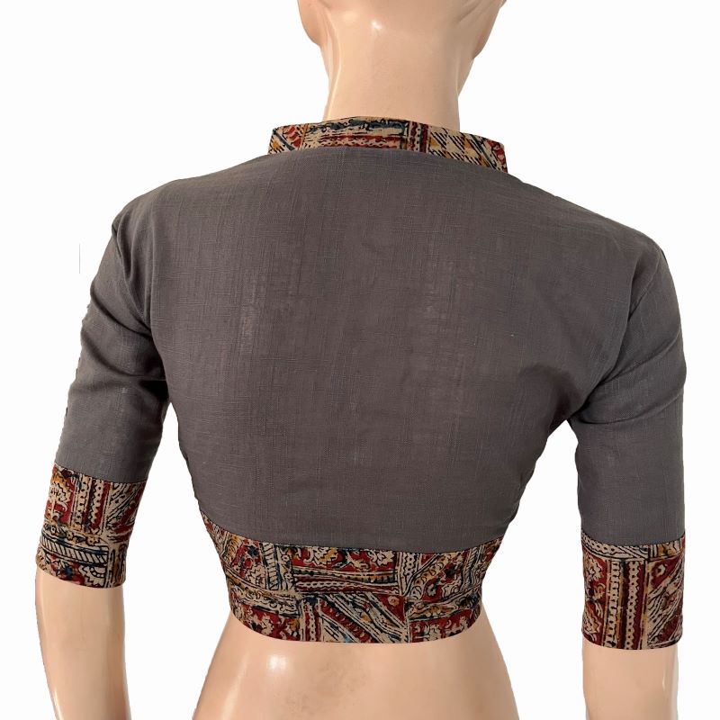 Handloom Flex Cotton V-collar neck Blouse with Kalamkari Patches,Grey, – Scarlet Thread