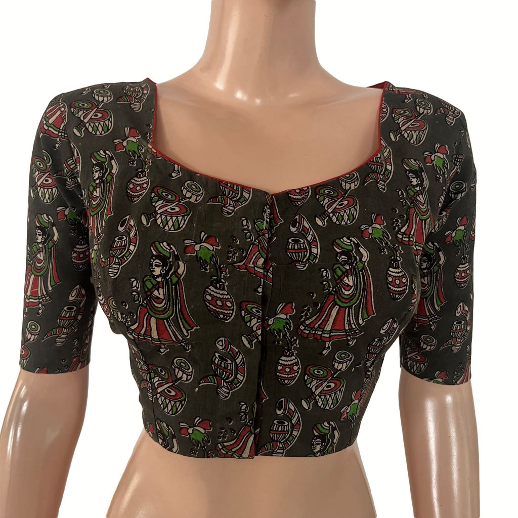 Kalamkari Cotton Pot Neck Blouse ,Olive Green, BK1316 – Scarlet Thread