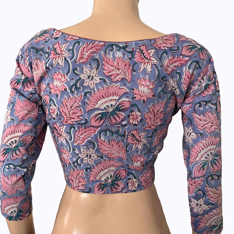 Printed Cotton Y Neck Blouse With 3 4 Sleeves And Lining Lavender Blue