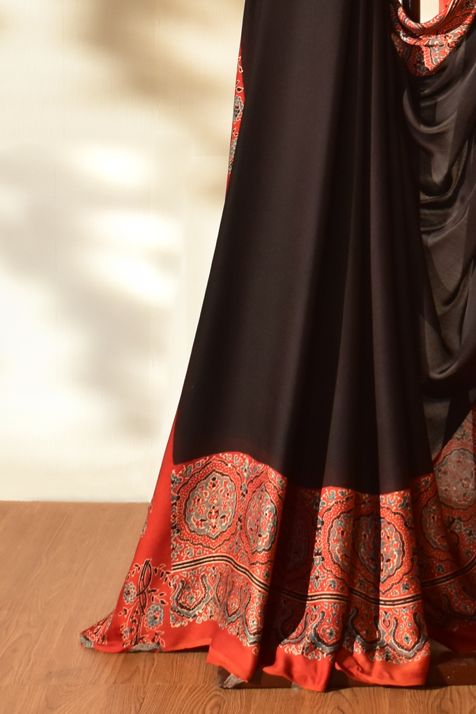 Somber Black & Ruby Red Modal Silk Saree with Plain body, Ajrakh borde ...